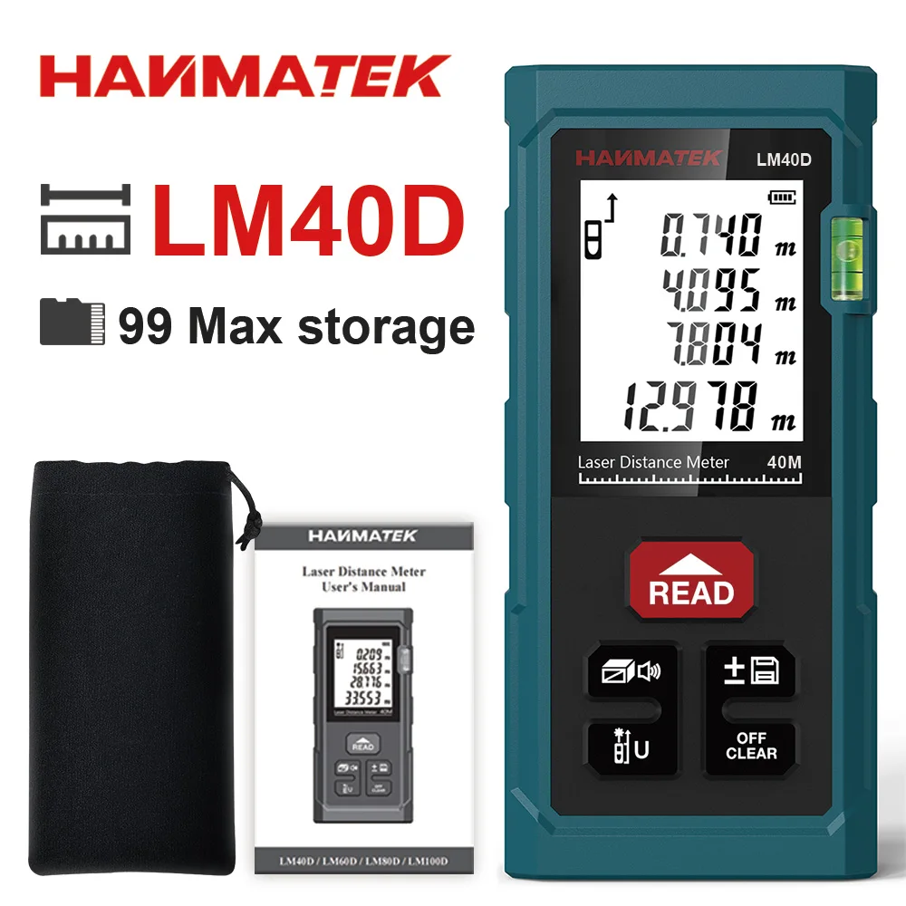 HANMATEK לייזר מד טווח LM40D לייזר מרחק מטר עצמי כיול נפח/אזור/זווית ...