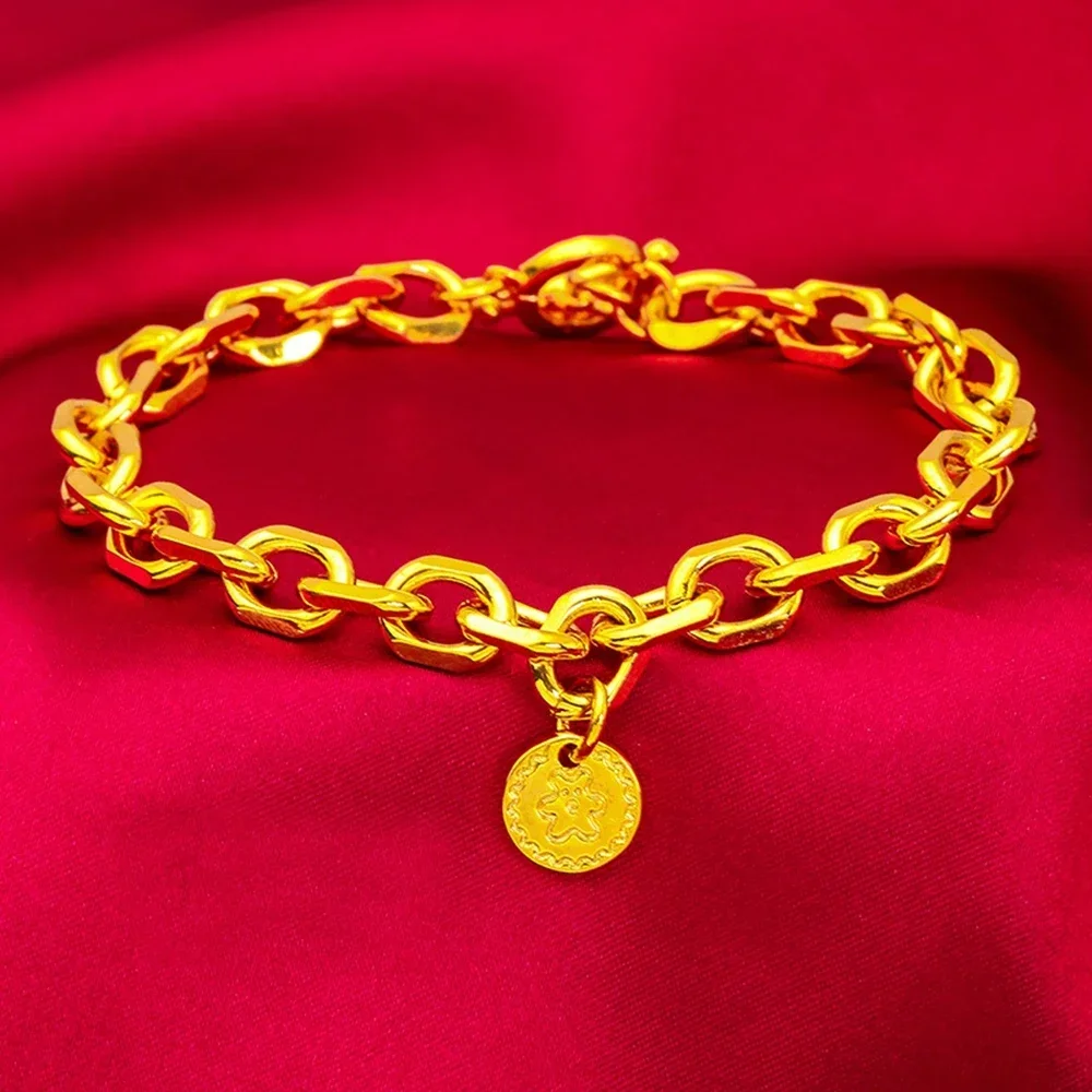 Luxury 18 KT O Link Bracelet for Women Pure Gold Color Circular Pendant ...