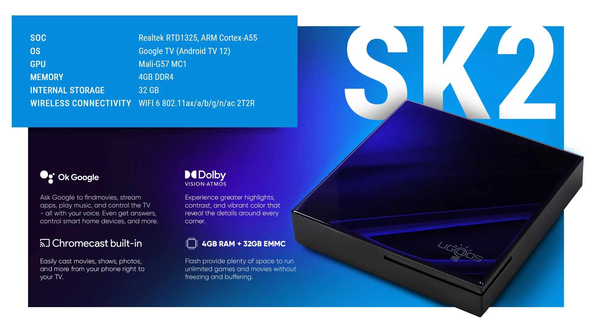 Ugoos SK2 Smart TV Box Google TV Realtek RTD1325 4 ГБ 32 ГБ WIFI6 BT5.2 4K Телеприставка Google ...