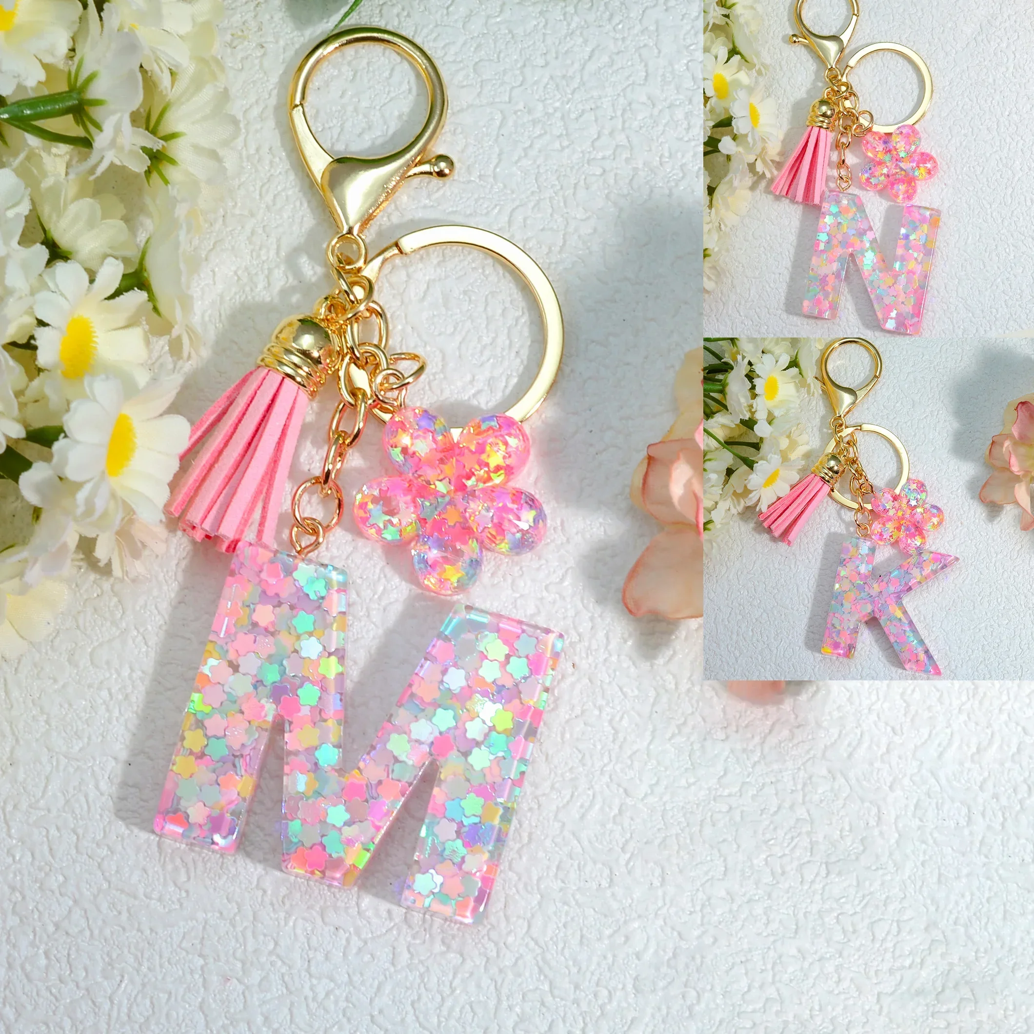 Exquisite Pink Flower Initials Keychain Cute A-Z Resin Alphabet Tassel ...