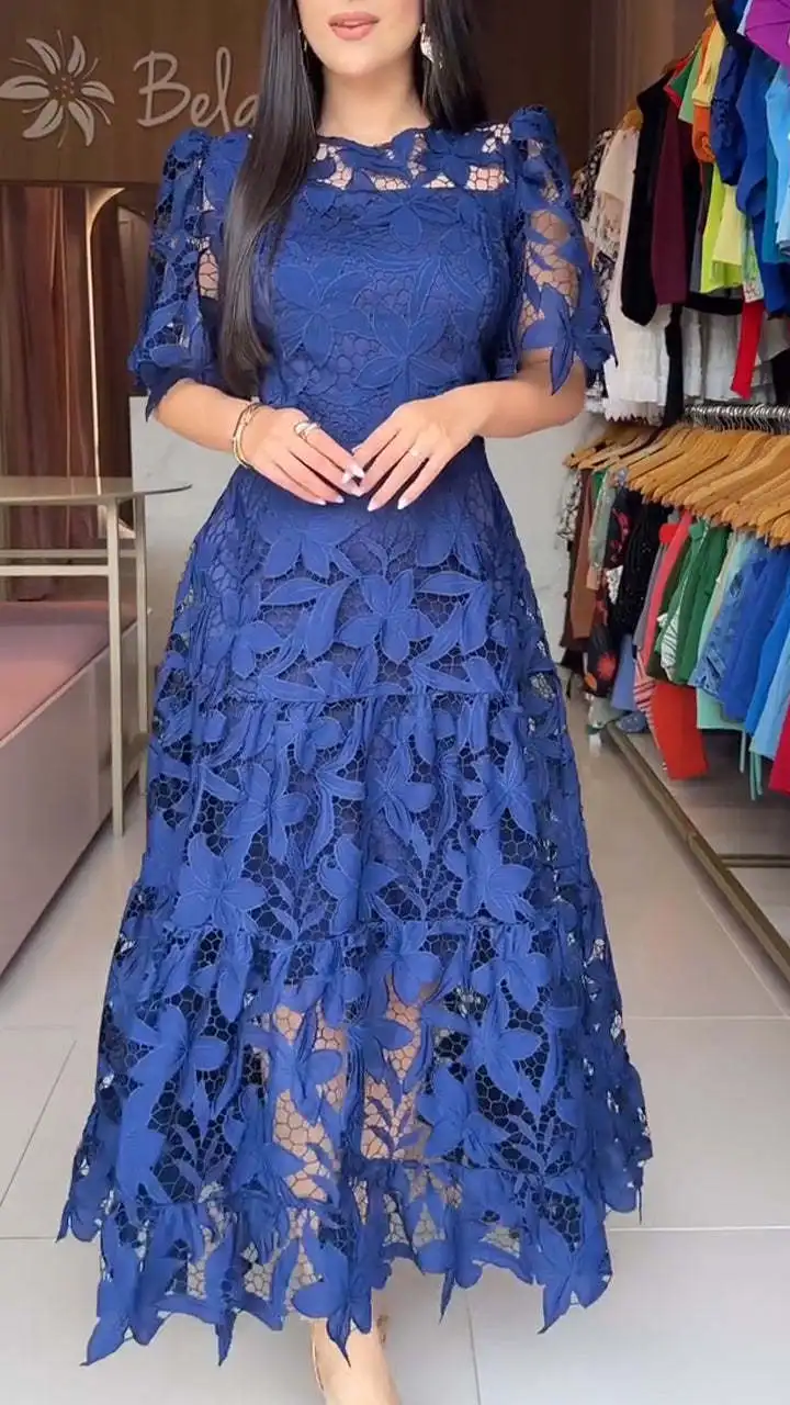 Summer new style lace open round-neck long-sleeved fitted dress ...