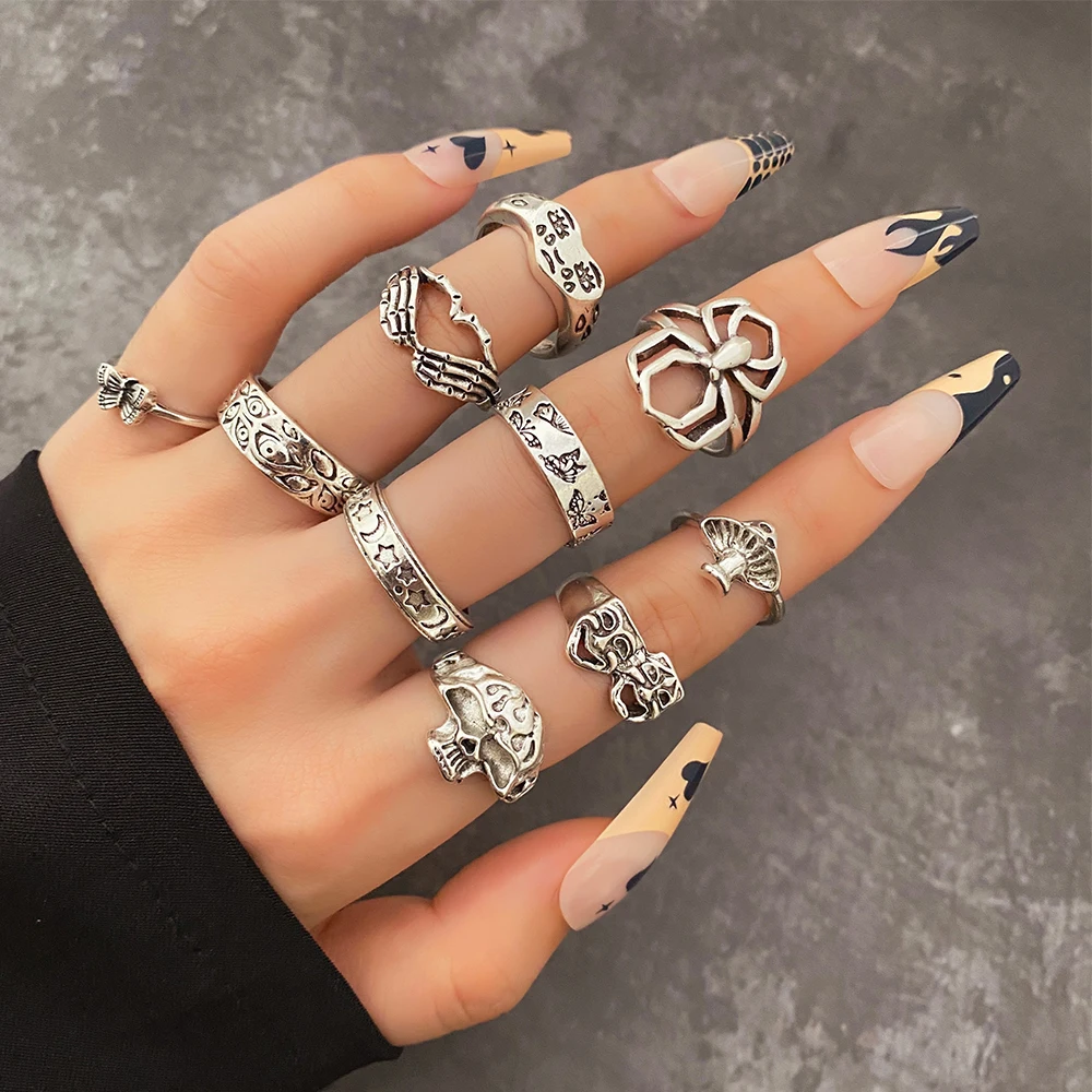 KISSWIFE Vintage Gothic Rings Set For Women Men Silver Color Alloy ...