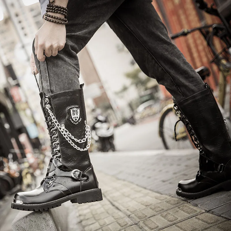 Men-s-Leather-Motorcycle-Boots-Mid-calf-Breathable-Combat-Boots-Gothic ...