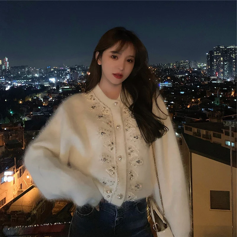 2023-Fake-Mink-Beaded-White-Cardigan-Sweater-Coat-Autumn-Winter-Thick ...