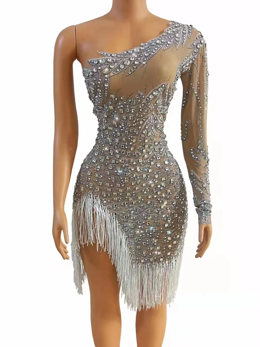 Sexy-Stage-Silver-Rhinestone-Fringes-Transparent-Dress-Tassel-Latin ...