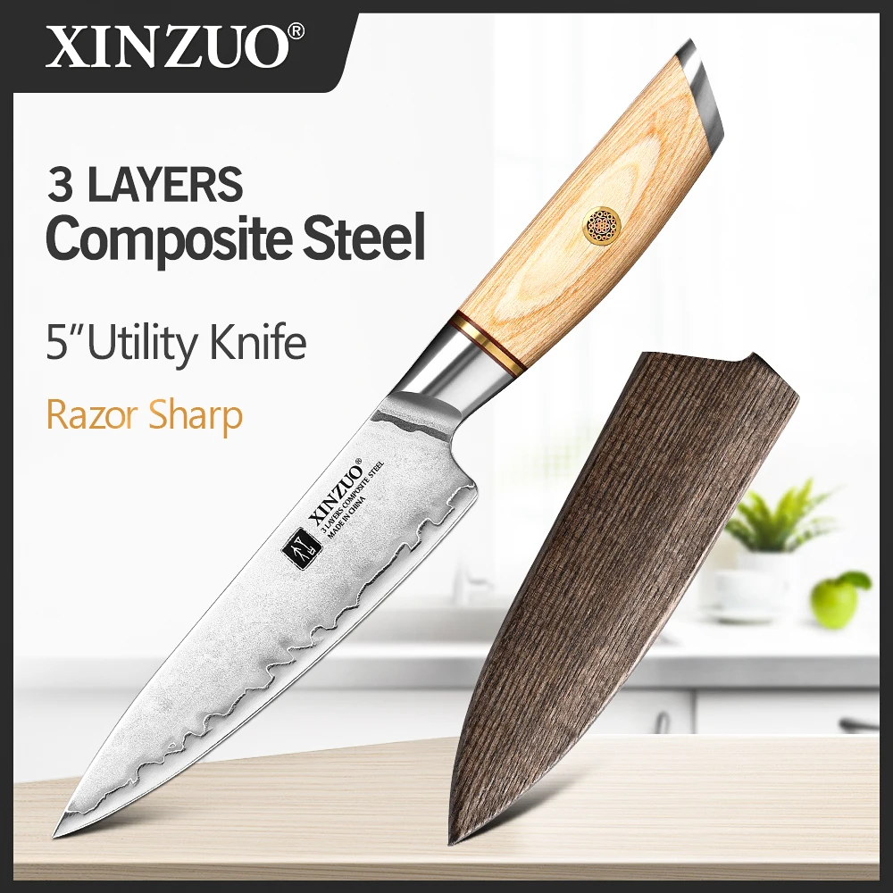XINZUO-5-inch-Multi-Function-Utility-Knife-Customized-3-Layer-Clad-Steel-10Cr15CoMoV-Core-Steel ...