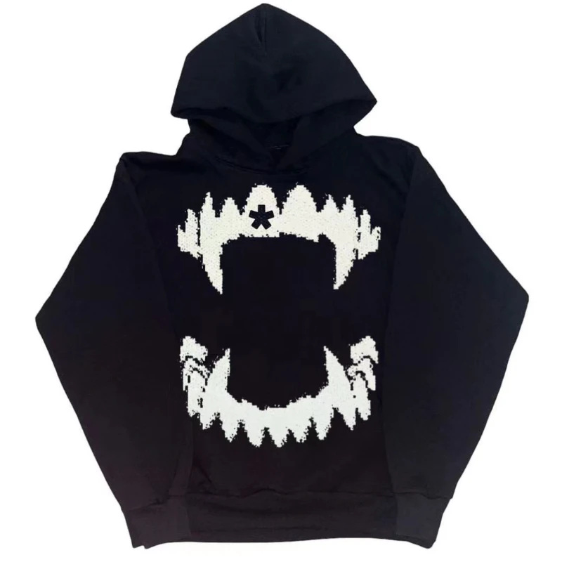 Retro Vampire Teeth Print Hoodie Women High Street Hip Hop Harajuku ...