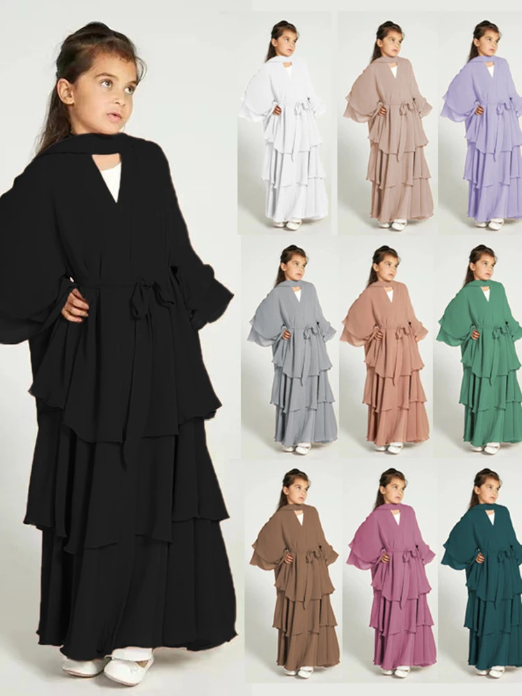 Ramadan Eid Muslim Sweet Girl Abaya Chiffon 3 Layers Cake Dress Kids ...