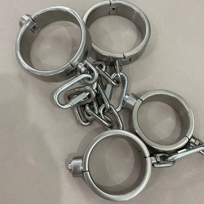 Heavy-Stainless-Steel-Press-Lock-Wrist-Handcuffs-Ankle-Cuffs-Neck-Collar-Choker-Shackles-BDSM ...
