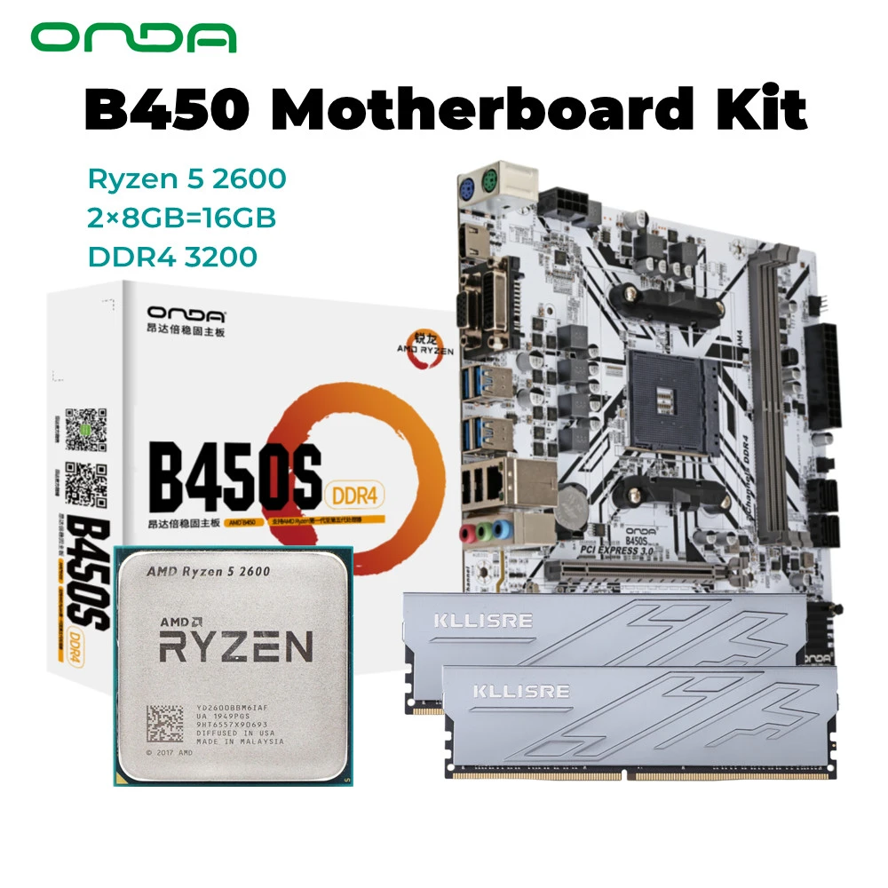 ONDA B450 마더 보드 키트, AMD Ryzen 5 2600 R5 CPU 프로세서 DDR4 16GB(2*8GB) 3200MHz 메모리 B450M AM4 세트