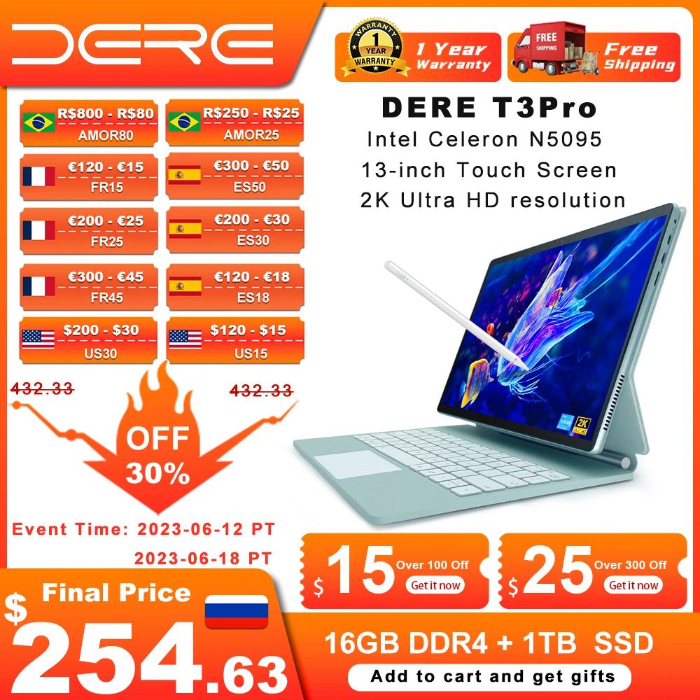 DERE 노트북 T30 프로, 13 인치 2K IPS 터치 스크린, 16GB RAM + 1TB SSD, 사무실 학습 컴퓨터, 울트라북 윈도우 11 노트북