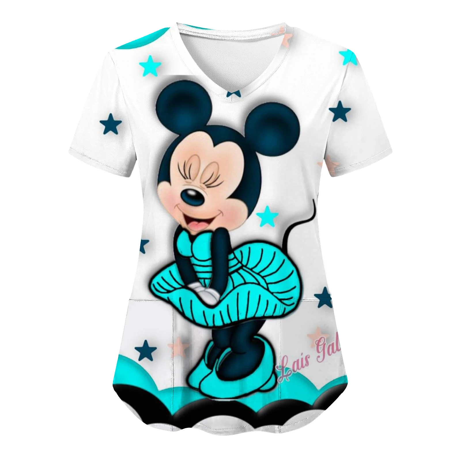 V Neck T-shirts Pocket Tops Nurse Uniform T-shirt Mickey Woman Clothes ...