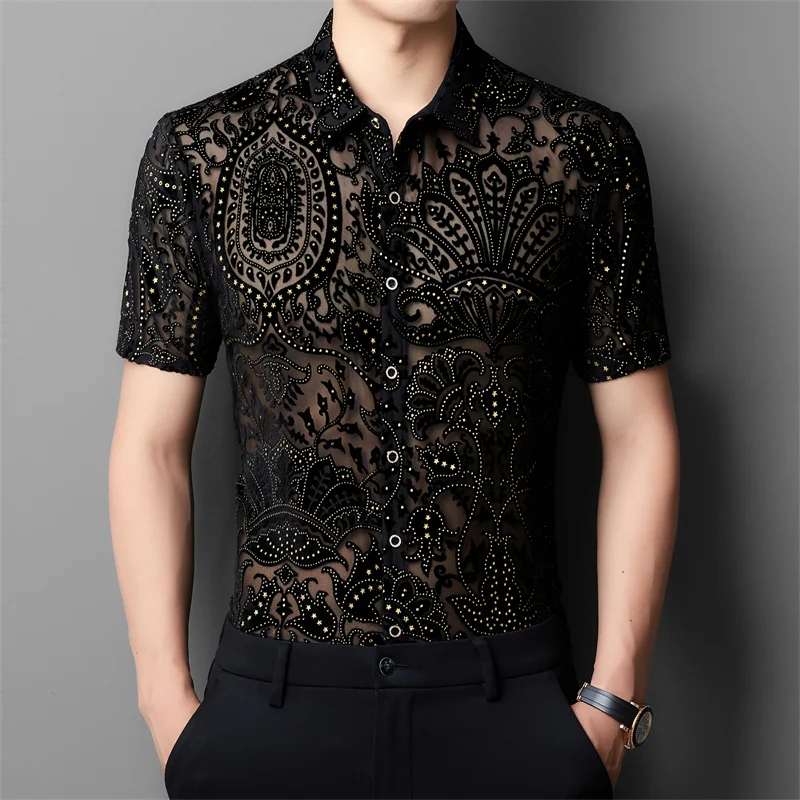 Hollow Transparent Fashion Shirts For Men Short Sleeve Easy Care Summer ...