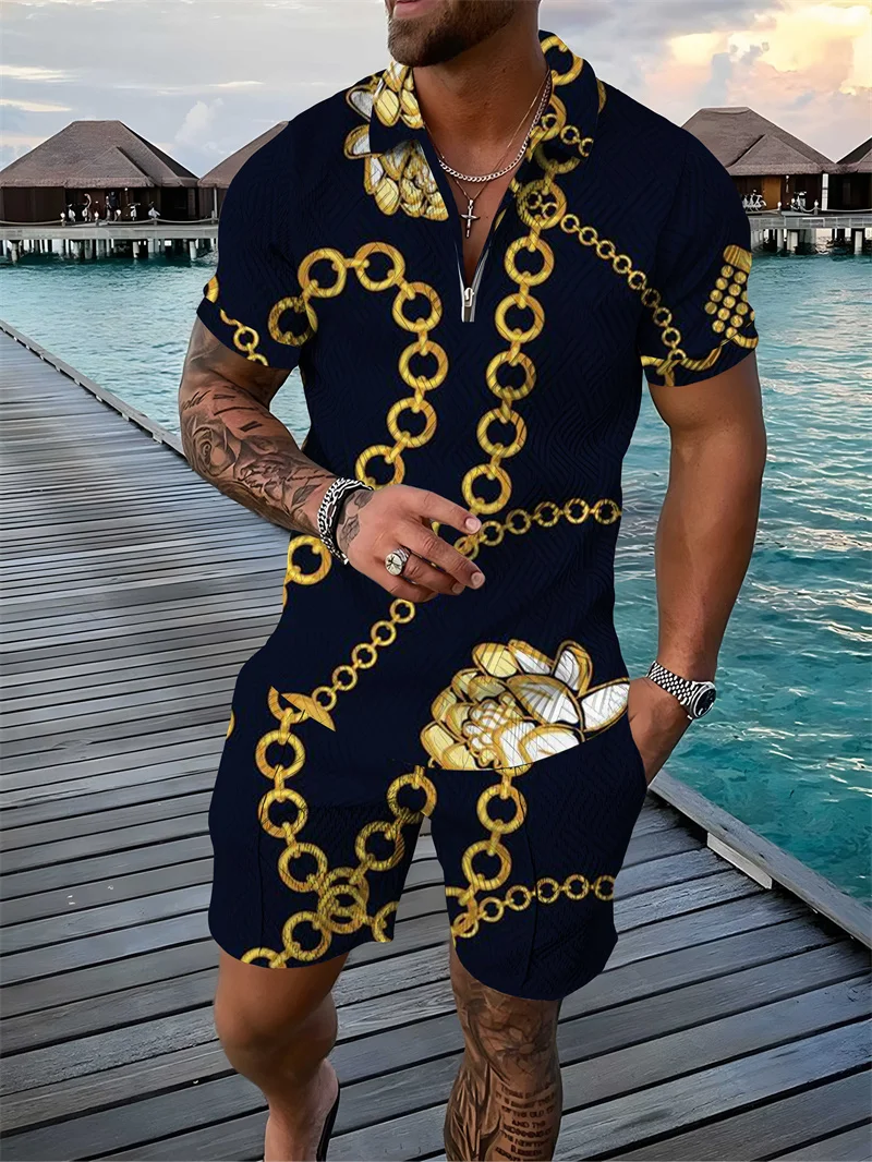 Men-s-Tracksuit-Casual-Summer-Chain-Print-Short-Sleeve-Polo-Shirt ...