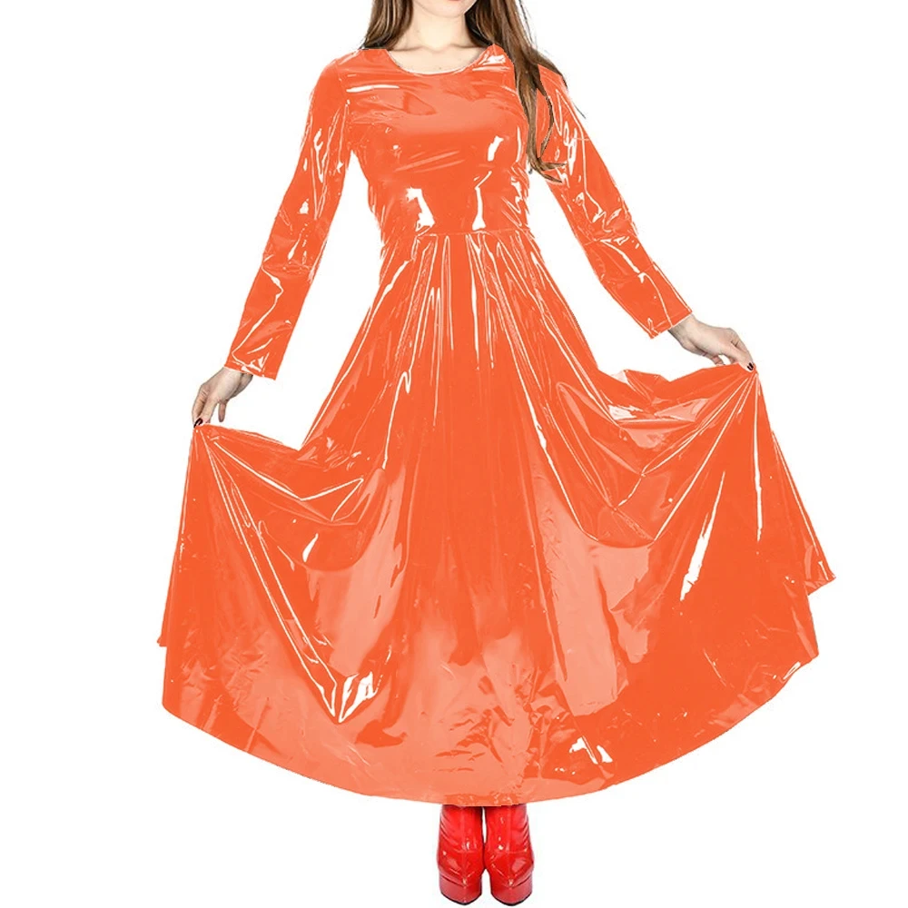 Women's Long Pleated Dress, O-neck, PVC Leather, Full Sleeve, O-neck ...