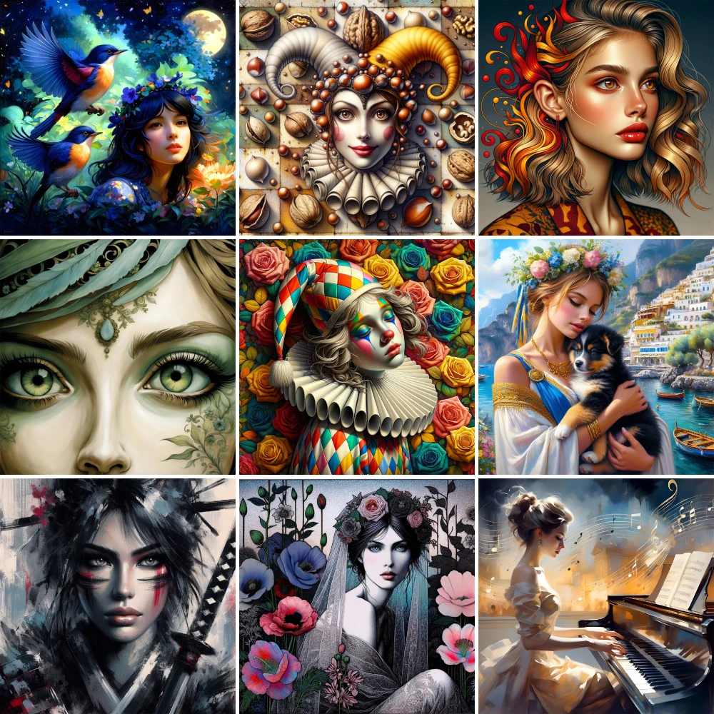 Portrait-Girl-Flowers-Pre-Printed-Cross-Stitch-DIY-Embroidery-Complete ...