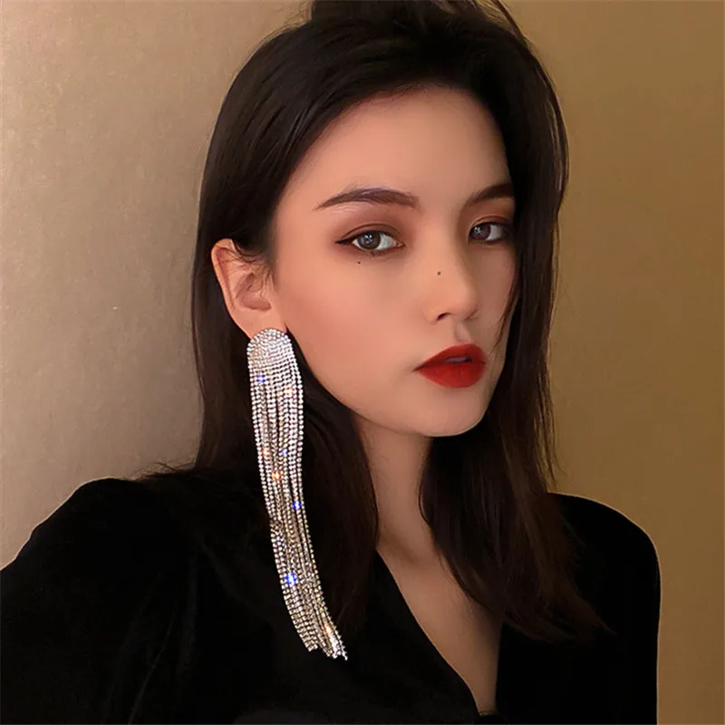 FYUAN Long Tassel Full Rhinestone Drop Earrings for Women Ovsize Crystal Dangle Earrings Fashion ...