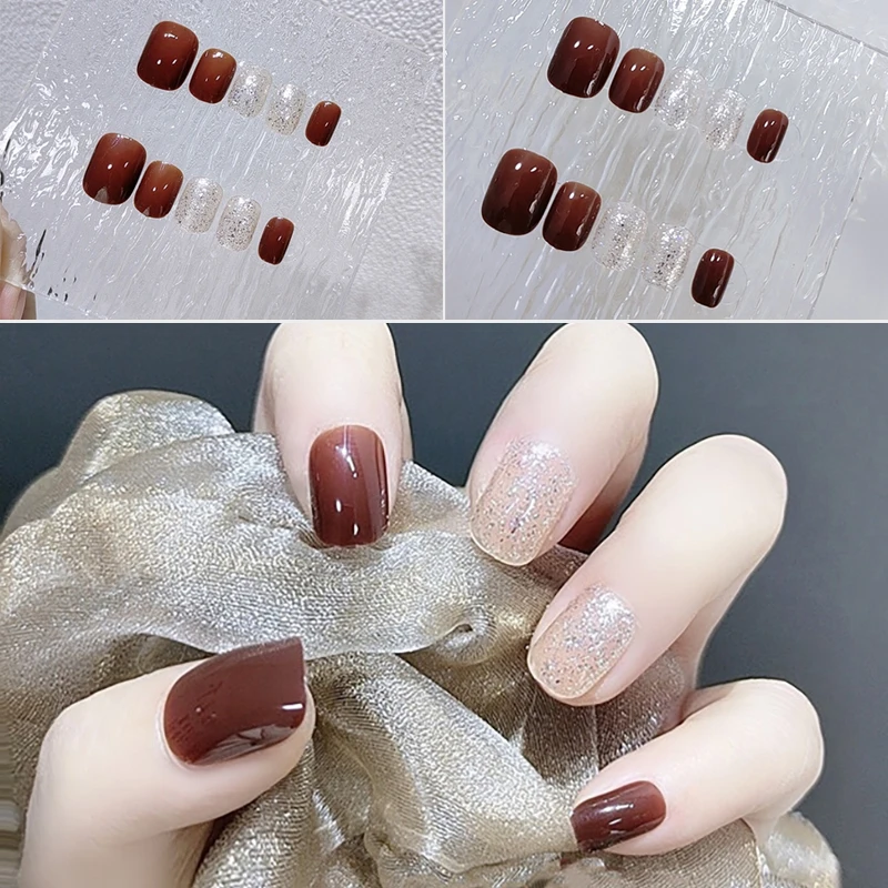 24PCS Short Press On Nail Sweet Style Red Fake Nails Wearable ...