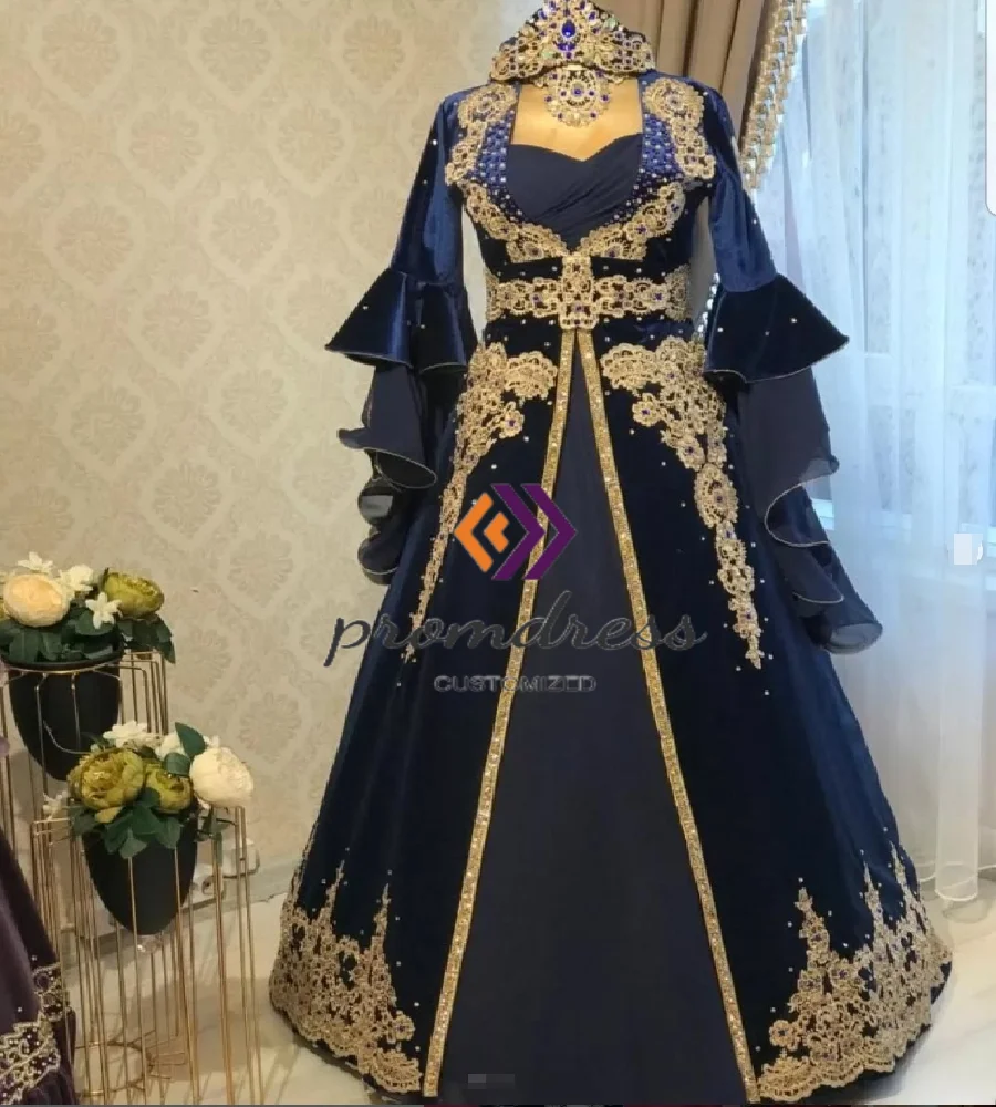Luxury Navy Ottoman Evening Dress With Gold Applique Long Sleeve Beaded ...