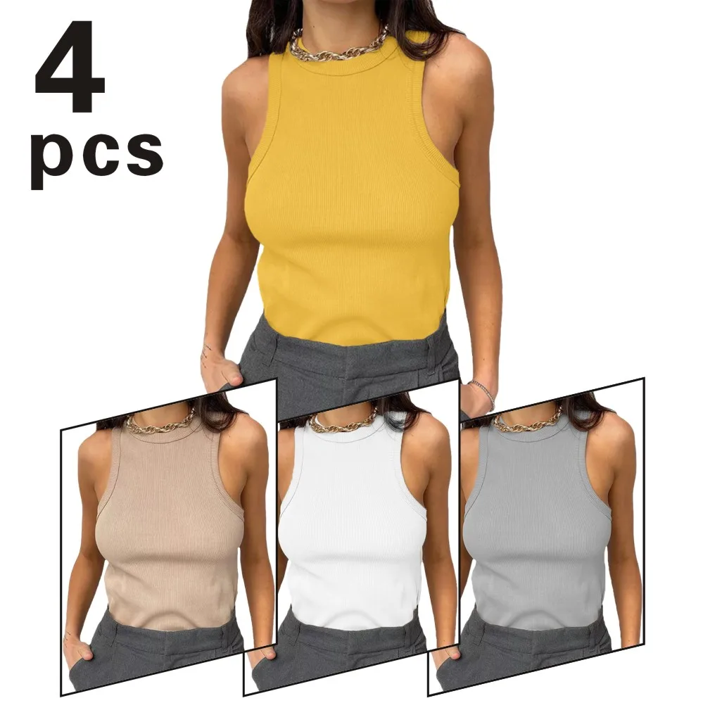 Four-Piece-Crop-Vest-Solid-Round-Neck-Ribbed-Tank-Top-Women-Camisole ...