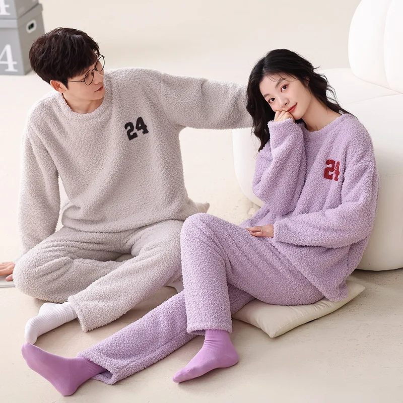 Autumn-Winter-Warm-Thicken-Flannel-Pajamas-Set-for-Couples-Solid-Men ...