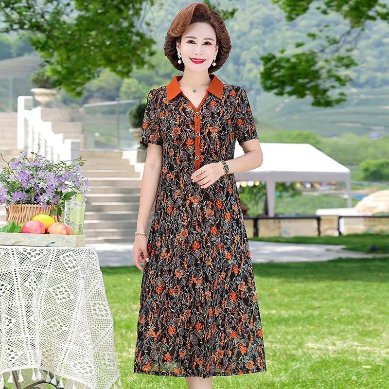 Middle-aged-Women-Summer-Lapel-Print-Slim-Short-Sleeve-A-Line-Women ...
