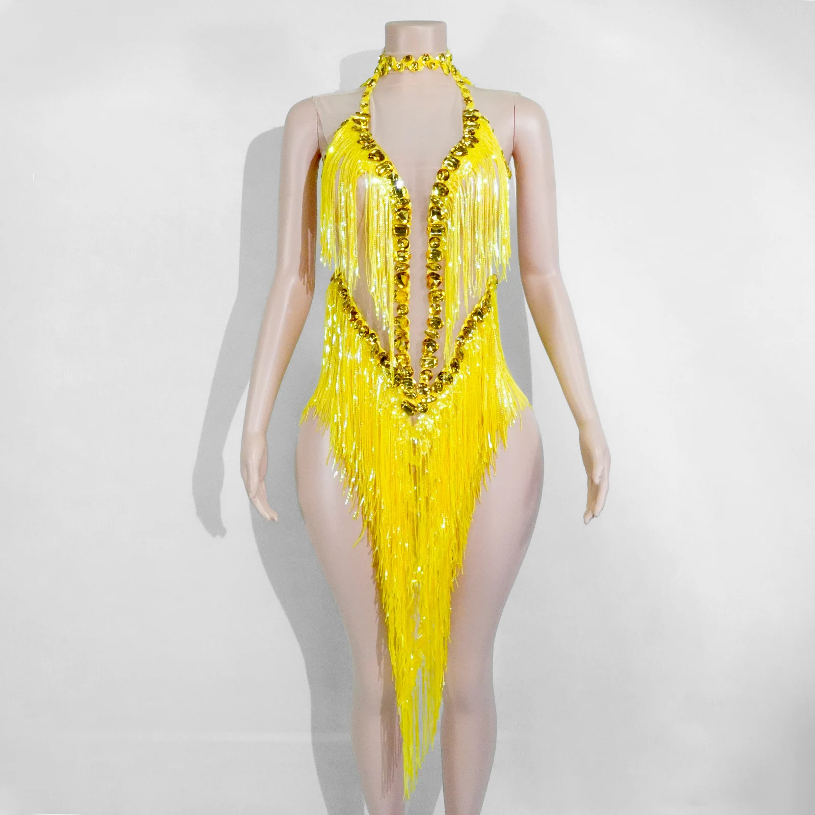 Women Sequin Fringe Rhinestone Yellow Mesh Dress Pole Dance Stage ...