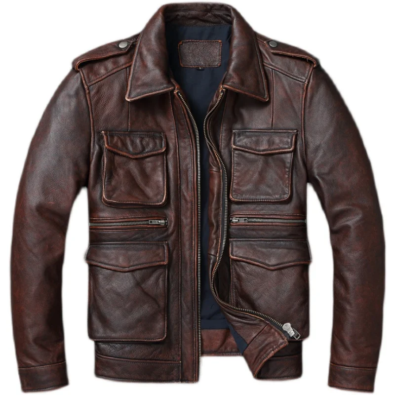 Vintage Red Brown Genuine Leather Jacket Men Soft Real Cowhide Black ...