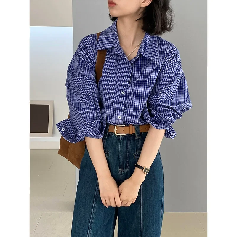 Early-Autumn-Vintage-Blue-Checkered-Shirt-for-Women-Loose-and-Lazy-Long ...