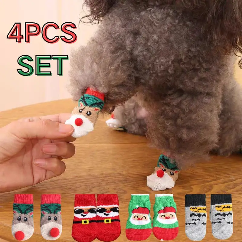 4pcs/set Christmas Winter Dog Socks Cute Pattern Foot Covers Warm Anti ...