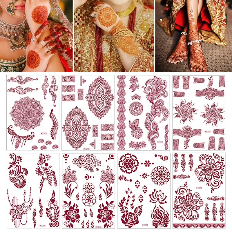 Red-Brown-Henna-Temporary-Tattoos-Women-Henna-Sticker-for-Hand-Fake ...