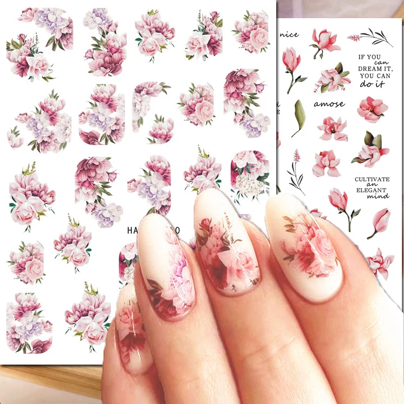 Nail Art Decals Spring Fruits Pink Full Tips Peony Magnolia Flowers ...