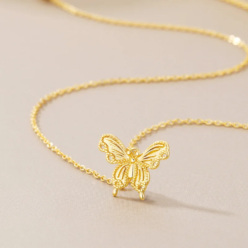 925-Sterling-Silver-Gold-Hollowed-Out-Butterfly-Necklace-Sweet-And ...