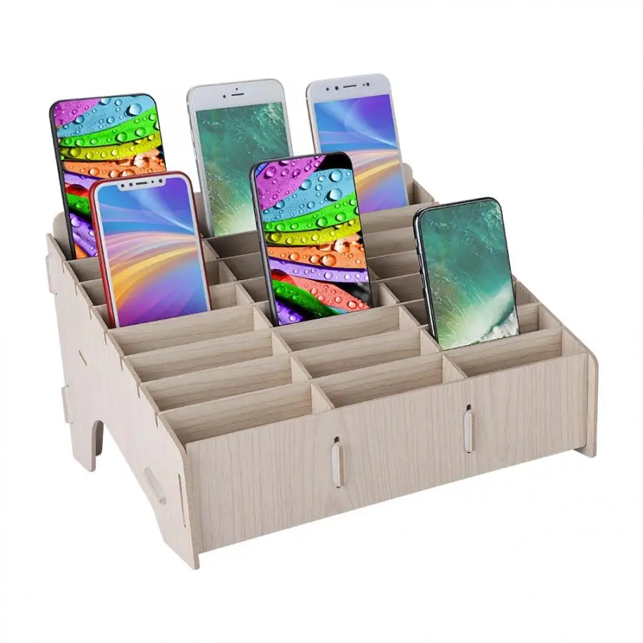 Phone Grip Multiple Cells Wooden Mobile Phone Management Storage Box