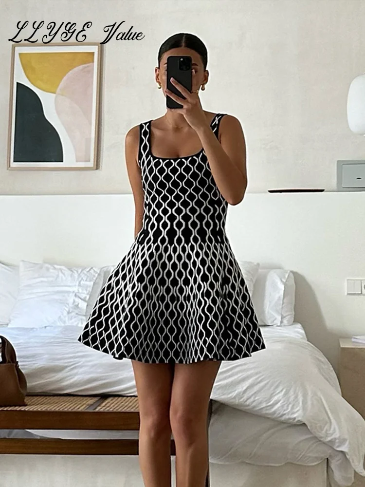 Elegant-Geometry-Print-Sling-Mini-Dress-Sleeveless-Square-Collar ...