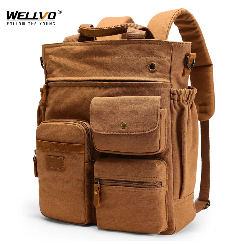 Canvas Fabric Male's Backpack Vintage Solid Color Multifunction Single ...