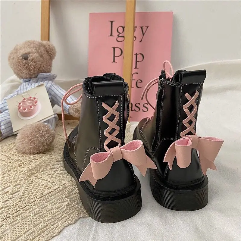 Shoes Women Pink Bow Boots Woman Student Short Boots British Style ...