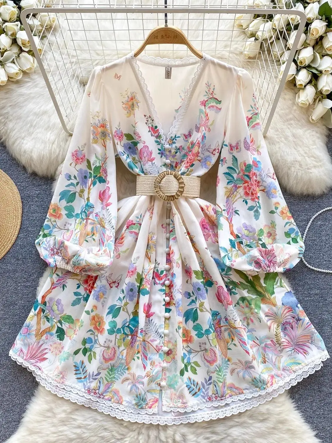 Spring-Summer-Gorgeous-Flower-Dresses-Women-s-Linen-V-Neck-Lace-Trims ...