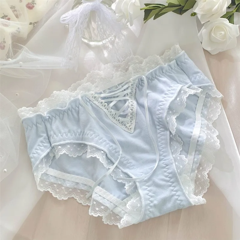 순수한 욕망 일본 사랑 레이스 속옷 소녀 순면 파일 섹시한 리본 미드 웨이스트 브리프 로리타 보우 통기성 나일론 신제품