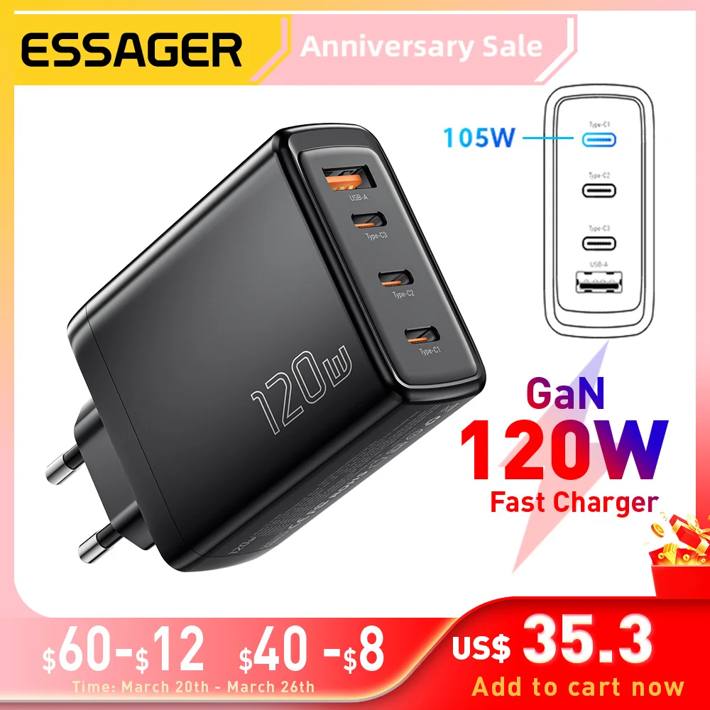 Essager 120W GaN USB c형 충전기, 노트북 100W PD 고속 충전 맥북 에어 M1 M2 프로 아이폰 삼성 ...