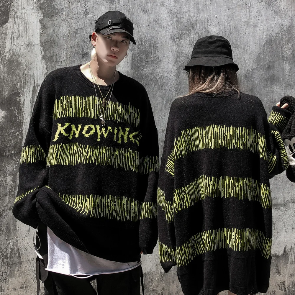 Hip-Hop-Radio-Wave-Printed-Sweaters-Men-Women-Green-Striped-Pullovers ...