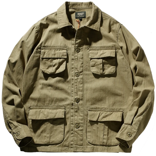 American jacket coat men's retro khaki fishbone woven military casual ...