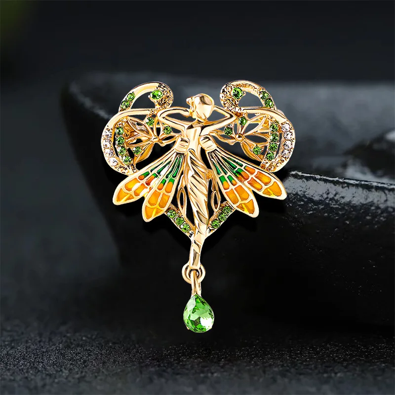 Golden-Dragonfly-Elf-Crystal-Stone-Breast-Pin-Exquisite-Enamel-Fairy ...