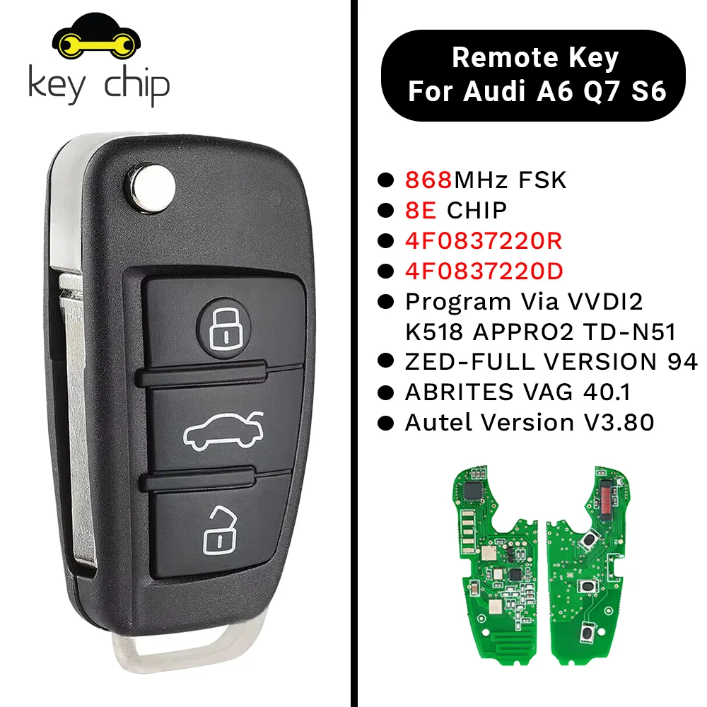 KeyChip 868Mhz FSK 4F0837220R 4F0837220220D Flip Remote Key For Audi A6 ...