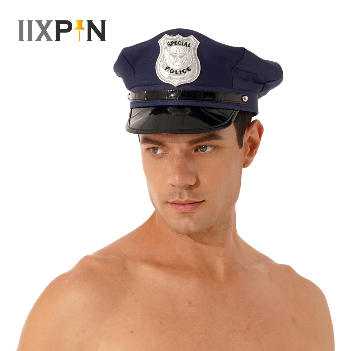 Badge-Leather-Police-Cosplay-Hat-Mens-Captain-Flat-Top-Halloween-Party ...