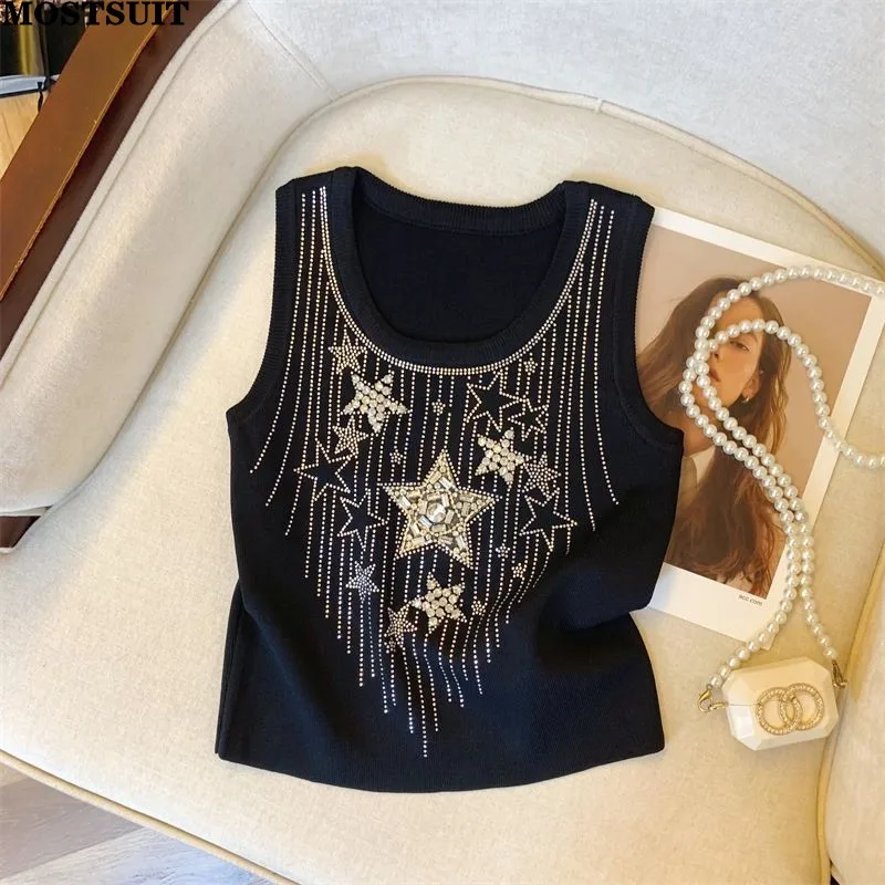 Women-s-Sweater-Vests-Crop-Tops-Star-Rhinestones-Beaded-Stylish-Chic ...