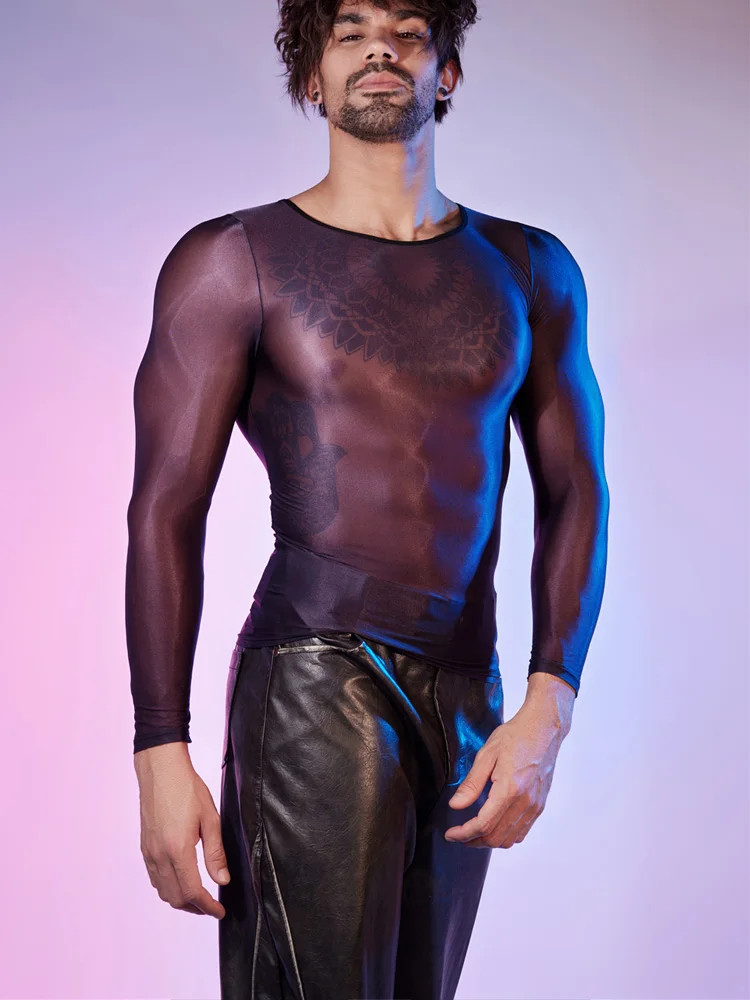 Sexy Men Sheer See Through Long Sleeve T-shirt Oil Glossy Shiny Club ...