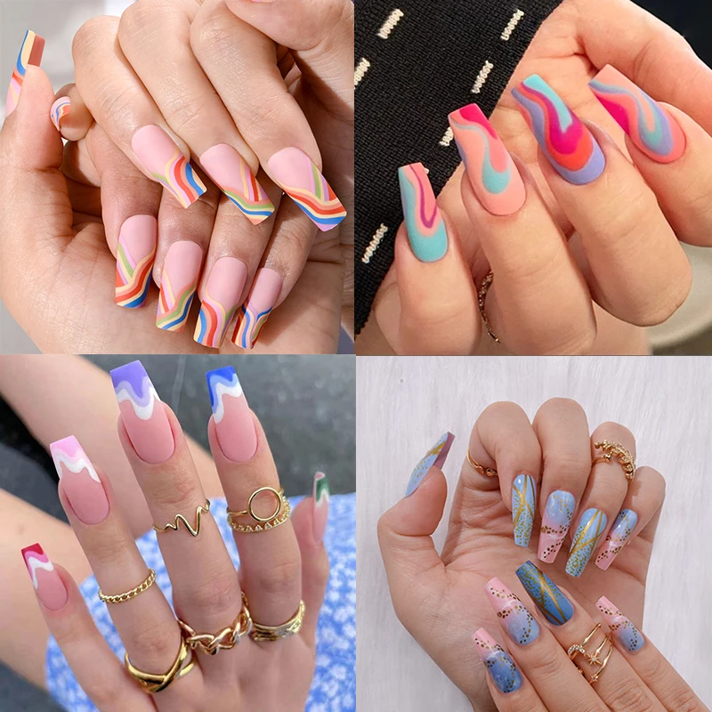 24PCS Long Rainbow False Nail Pink Coffin Press on Nails Cute Summer ...