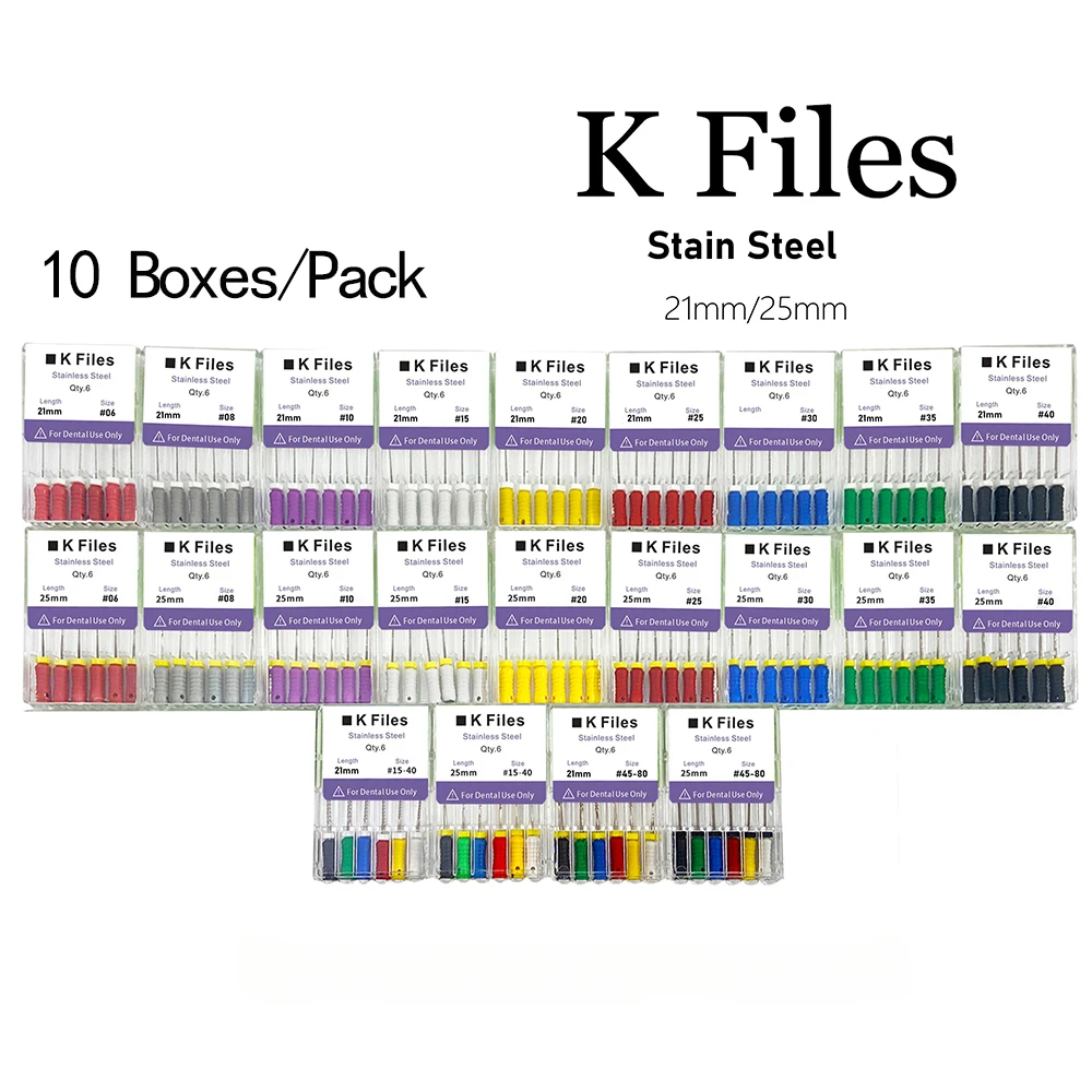 10-Boxes-Pack-Dental-Hand-Use-K-Files-21cm-25mm-Stainless-Steel ...