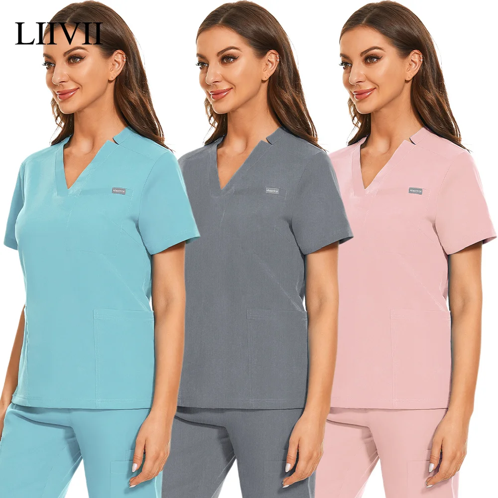 Nurse-Medical-Uniform-Unisex-Solid-Color-Scrub-Tops-Women-Uniform ...